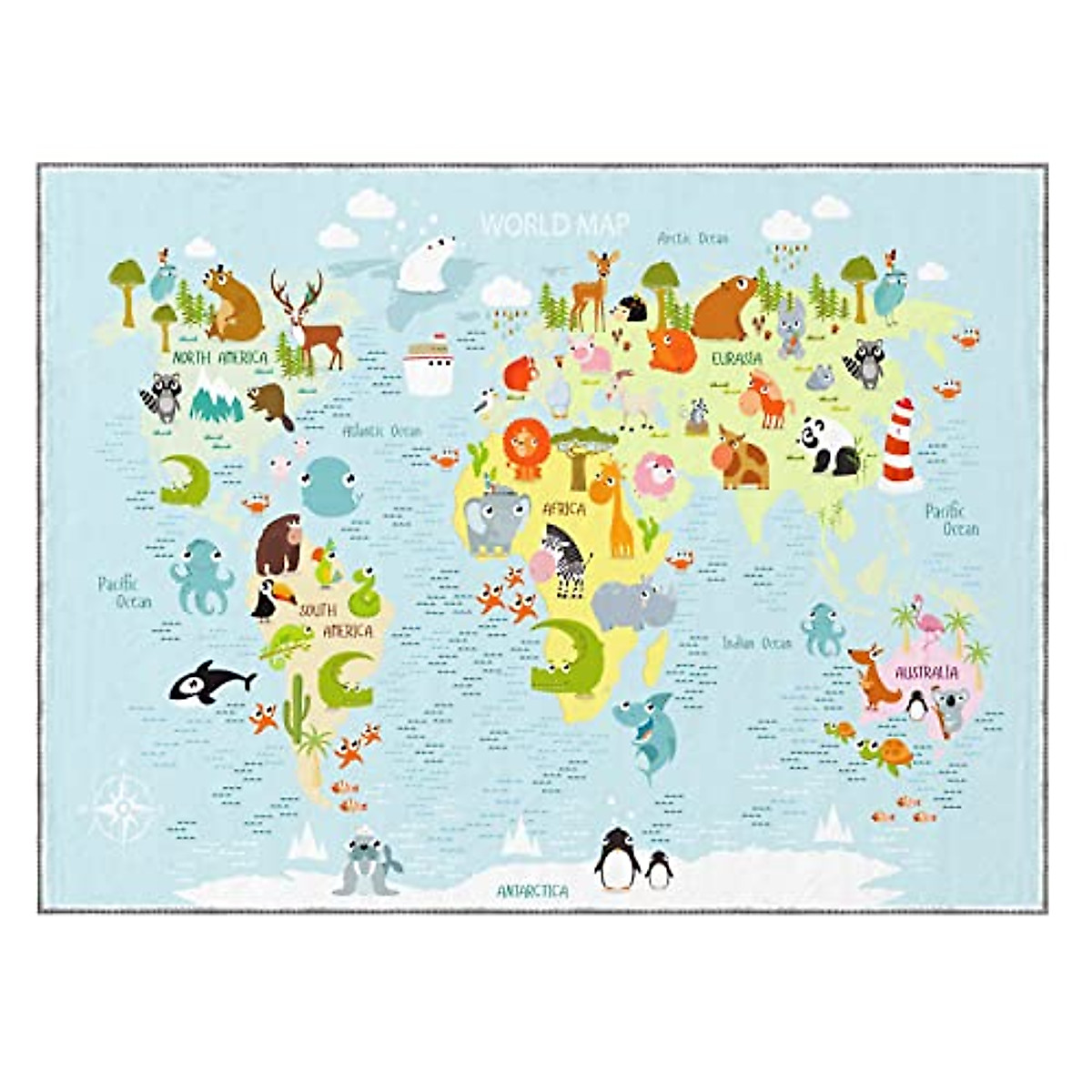 Kids Area Rug World Map Cute Animal Rugs Educational Floor Carpet for Boy Girl Machine Washable Area Rugs for Living Room, Bedroom, Playroom,8' x 10', Blue