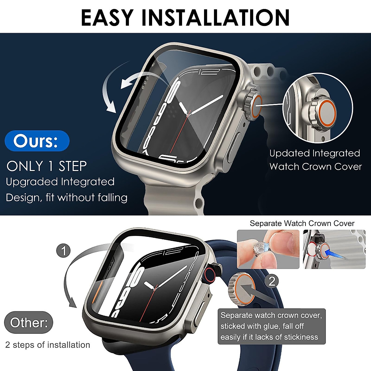 Wingle 2 in 1 Waterproof Case for Apple Watch Series 9 8 7 45mm Screen Protector【Looks Like Apple Watch Ultra】, 2 Pack iWatch Face Cover + Back Bumper with Tempered Glass for Men, Titanium