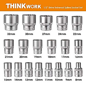 THINKWORK 1/2 Inch Drive Universal Spline Socket Set, Works with SAE, Metric, Partially Rounded, 6 pt, 12 pt, Square and E-TORX, Cr-V steel