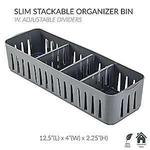 Simplify 2 Pack 4 Compartment Stackable Bin with Adjustable Dividers | Drawer Organizer | Storage Basket | Good for Office | Desk Supplies | Dorm |Bathroom | Accessories | Make Up | Grey