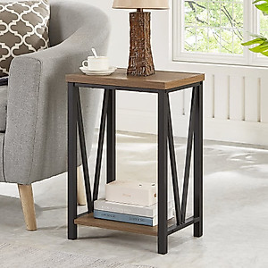 FOLUBAN Side Table with Storage Shelf, Rustic End Table for Living Room, Wood and Metal Nightstand for Bedroom, Oak
