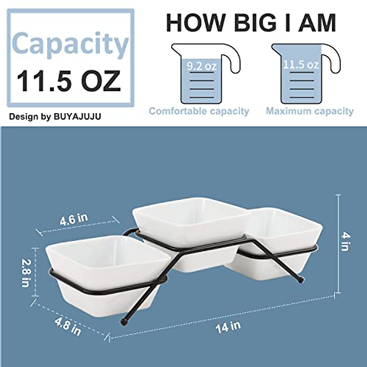 Buyajuju 3 pcs square bowl Porcelain Chip & Dip Serving Set with Black Metal Stand, 4.5inch White Small Serving Bowls for Side Dishes, Salsa, Appetizer, Serving Dishes for Entertaining