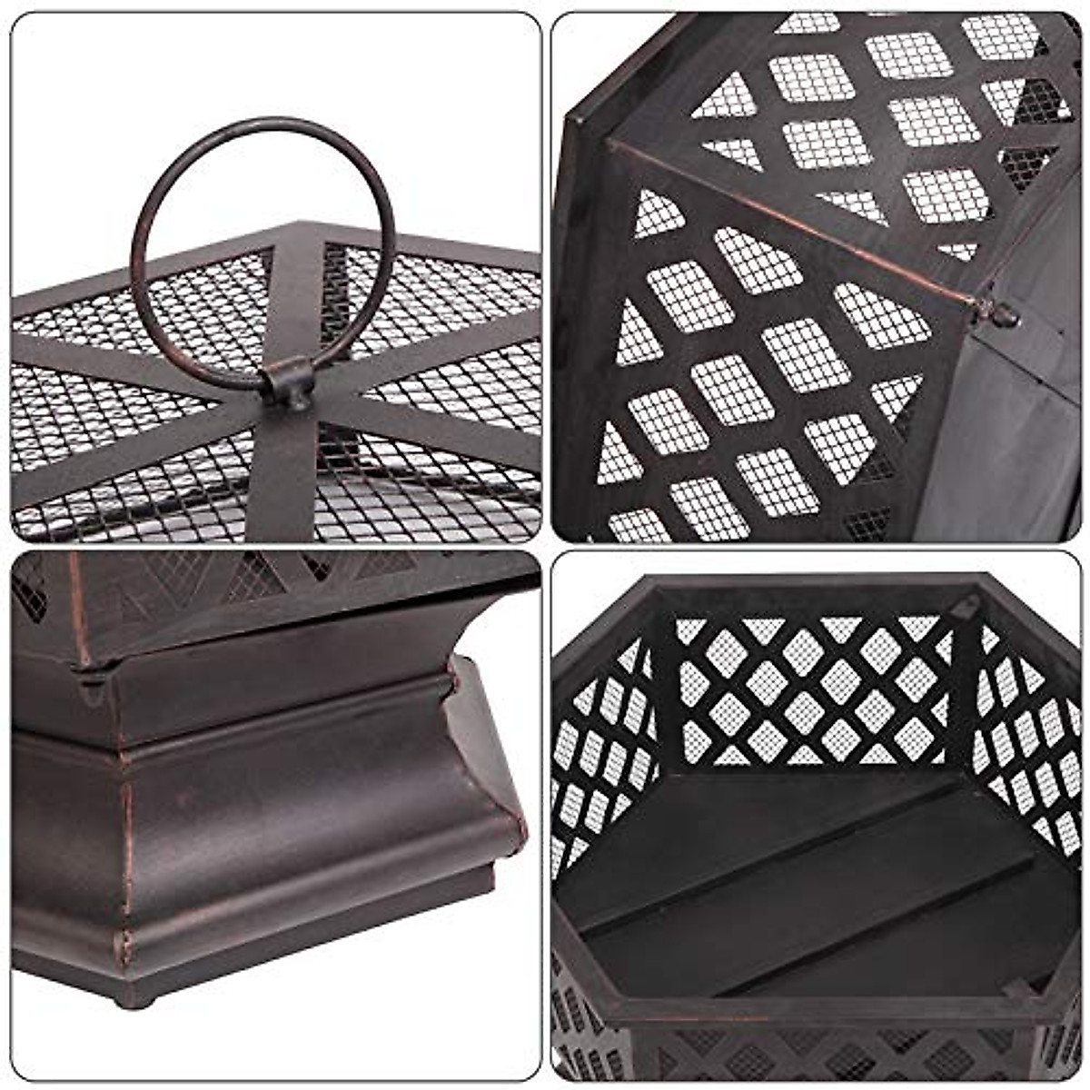 Fire Pits 22" Multifunctional Fire Pit Bowl, Hexagonal Shaped Iron Burning Outdoor Firepit Steel BBQ Grill Fire Bowl for Camping Patio Backyard Garden Picnic Bonfire