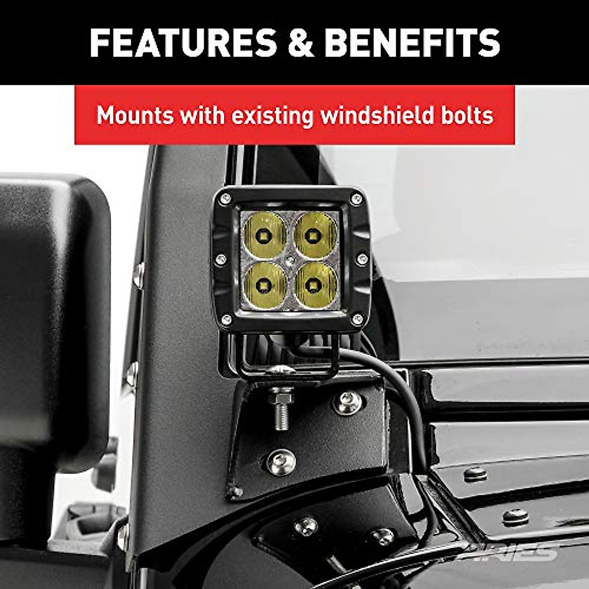 ARIES AR15800 Jeep Wrangler JK Windshield Light Brackets, LEDs Sold Separately, Black