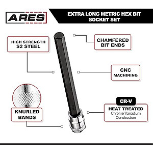 ARES 39007 - Extra Long Metric Hex Bit Socket Set - S2 Bit Provides Greater Torque - Convenient Storage Rail Included - Heat Treated Chrome Vanadium Steel Sockets