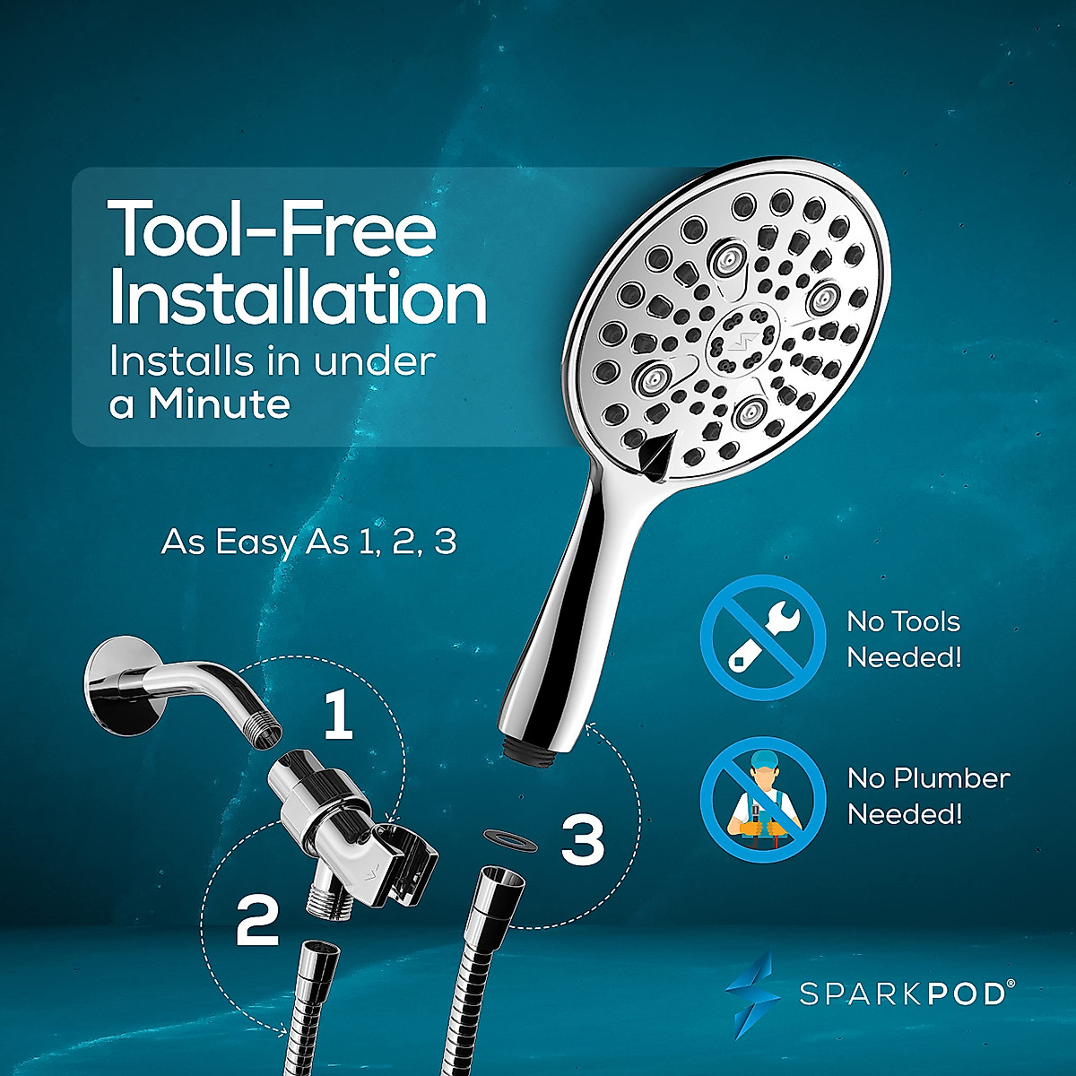 SparkPod 6 Spray Setting High Pressure Hand Held Shower Head - 6" Wide Angle Handheld Shower Head Set with Brass Swivel Ball Bracket and 70 Inch Long Hose - Luxury Design (Luxury Polished Chrome)