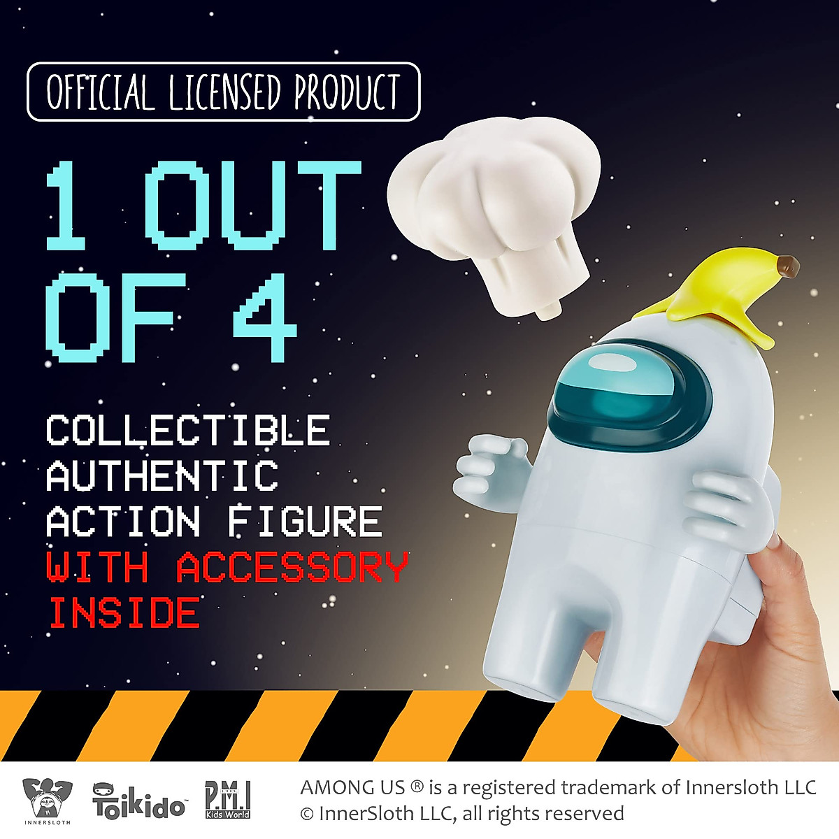 P.M.I. Among Us Action Figure |One of Four 6.7-Inch-Tall Collectibles | Among Us Toys and Playable Mini Toys | White Crewmate in The Spotted Peeled Banana Hat with Hidden Hat and Hands | Kids’ Toys