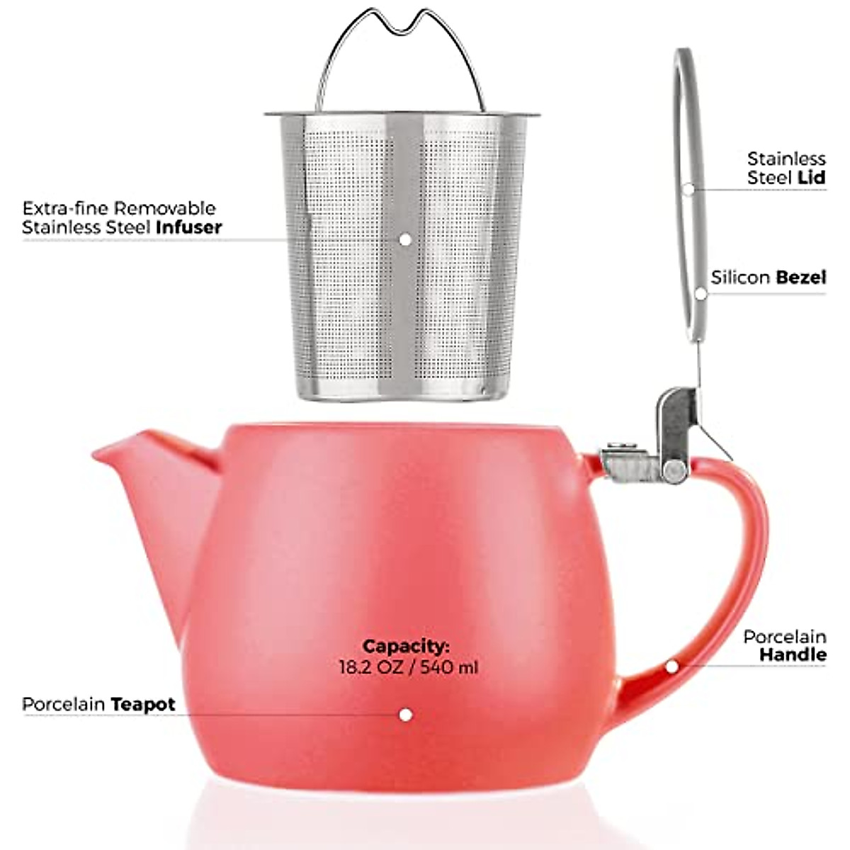 Tealyra - Pluto Porcelain Small Teapot Red - 18.2-ounce (1-2 cups) - Matte Finish - Stainless Steel Lid and Extra-Fine Infuser To Brew Loose Leaf Tea - 540ml
