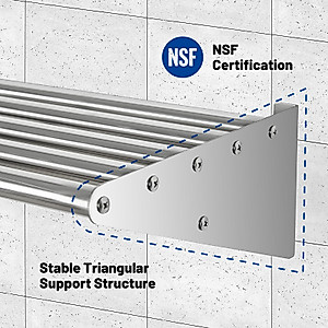 HALLY Stainless Steel Shelf Pot Rack with 9 S Hooks 12" x 62" Wall Mounted, NSF Commercial Floating Shelving for Storage Hanging Pots, Pans, cookware in Restaurant, Kitchen, Home and Hotel