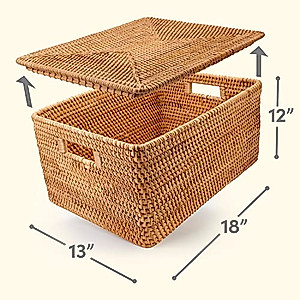 ONBIM Rectangular Rattan Storage Basket - 18"L x 13"W x 12"H Large Wicker Basket with Lid and Handles, Rattan Basket with Lid, Handwoven Fern Wicker Basket, Sturdy and Lightweight Rattan Decor