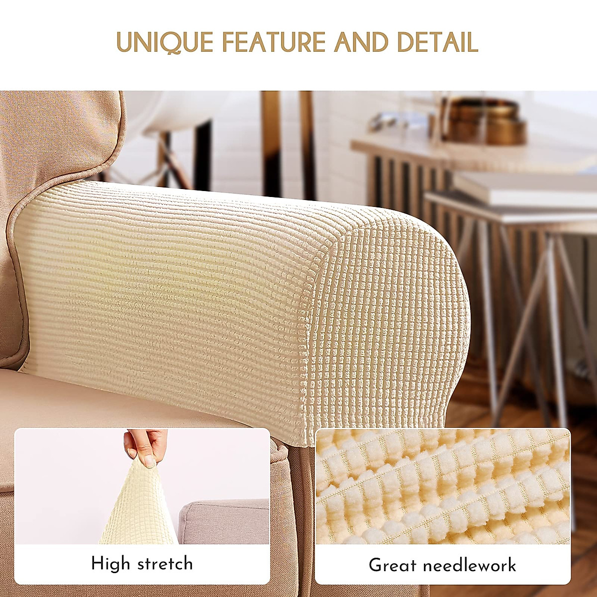 BESPORTBLE Chair Arm Protectors Sofa Armrest Cover Stretch Armchair Slipcover Protector Elastic Home Office Recliner Couch Loveseat Cloth 2pcs (Rice White)