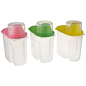 Basicwise Small BPA -Free Plastic Food Saver, Kitchen Food Cereal Storage Containers with Graduated Cap, Set of 3, Green, Pink, and Yellow (QI003216.3S)