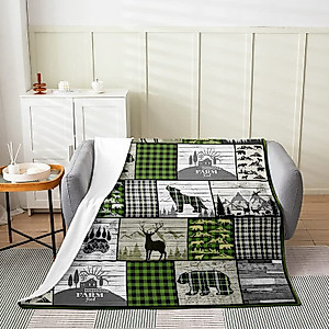 Feelyou Wildlife Flannel Fleece Blanket Set Rustic Western Cabin Bear Deer Plush Throw Blanket, for Sofa Couch Green Grey Buffalo Check Bedding All Season,Bed Blanket Set Room Decor Queen 90"x90"
