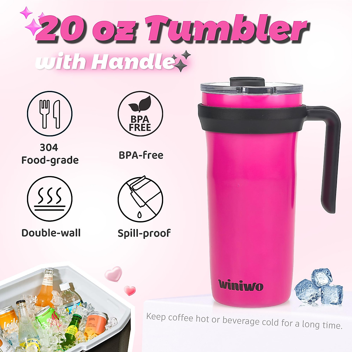 winiwo 20 oz Tumbler with Handle, Easy to Hold, Travel Coffee Mug with Screw Lid, Spill-proof, Insulated Cups, Built-in Up Down Flip, Fit Most Car Cup Holders, Commute, School, Home, Office