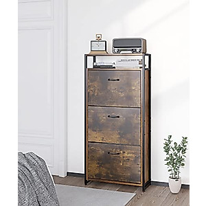 HAIOOU 3 Drawer Industrial Shoe Cabinet, Slim Freestanding Wood Shoe Rack Storage Organizer Stand with Flip Doors, Open Storage Shelf, Anti Toppling Device for 15-18 Pairs - Rustic Brown & Black