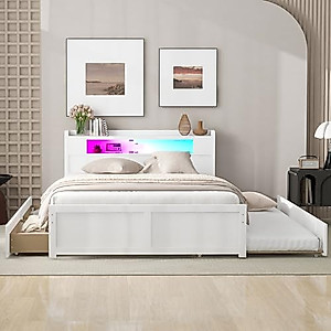 WOODRK Queen Size Storage Platform Bed Frame with Multifunctional Headboard with LED and Storage Shelves, Modern Wooden Beds with 2 Drawers and 1 Twin Size Trundle, for Bedroom, Easy Assembly, White