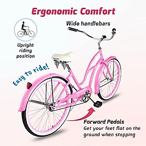 Tracer TAHA Beach Cruiser Bike for Women,26 Inch Wheels,Hi Ten Steel Frame,1 Speed,Coaster Brake,Hybrid Bike for Adults,Complete Cruiser Bikes,Pink