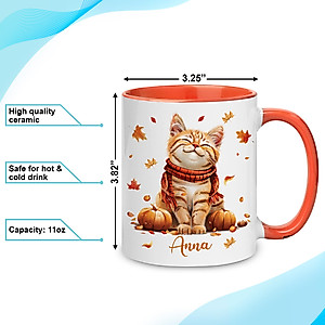 Hyturtle Personalized Fall Cat Mug - Cat Gifts For Women - Autumn Cat Gift For Cat Lovers - Fall Gift - Fall Autumn Decor Gift - Cat Gifts - Pet Gifts - Custom Name Coffee Cup Ceramic Mug 11oz - 15oz