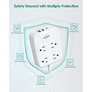 Power Strip with 4 Wide Outlets 3 USB Ports (1 USB C-PD) 5ft Flat Plug Extension Cords Compact for Travel, Cruise Must Haves, Dorm Room Essentials