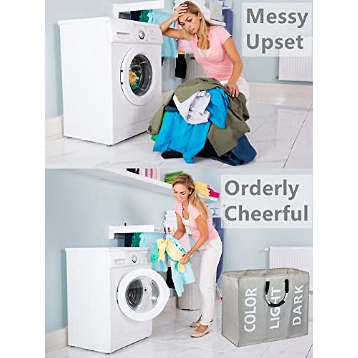 Slim Laundry Hamper 3 Section Sorter with Handles Large Capacity Foldable 19" Tall Waterproof Laundry Basket for Dirty Clothes Storage (light grey)