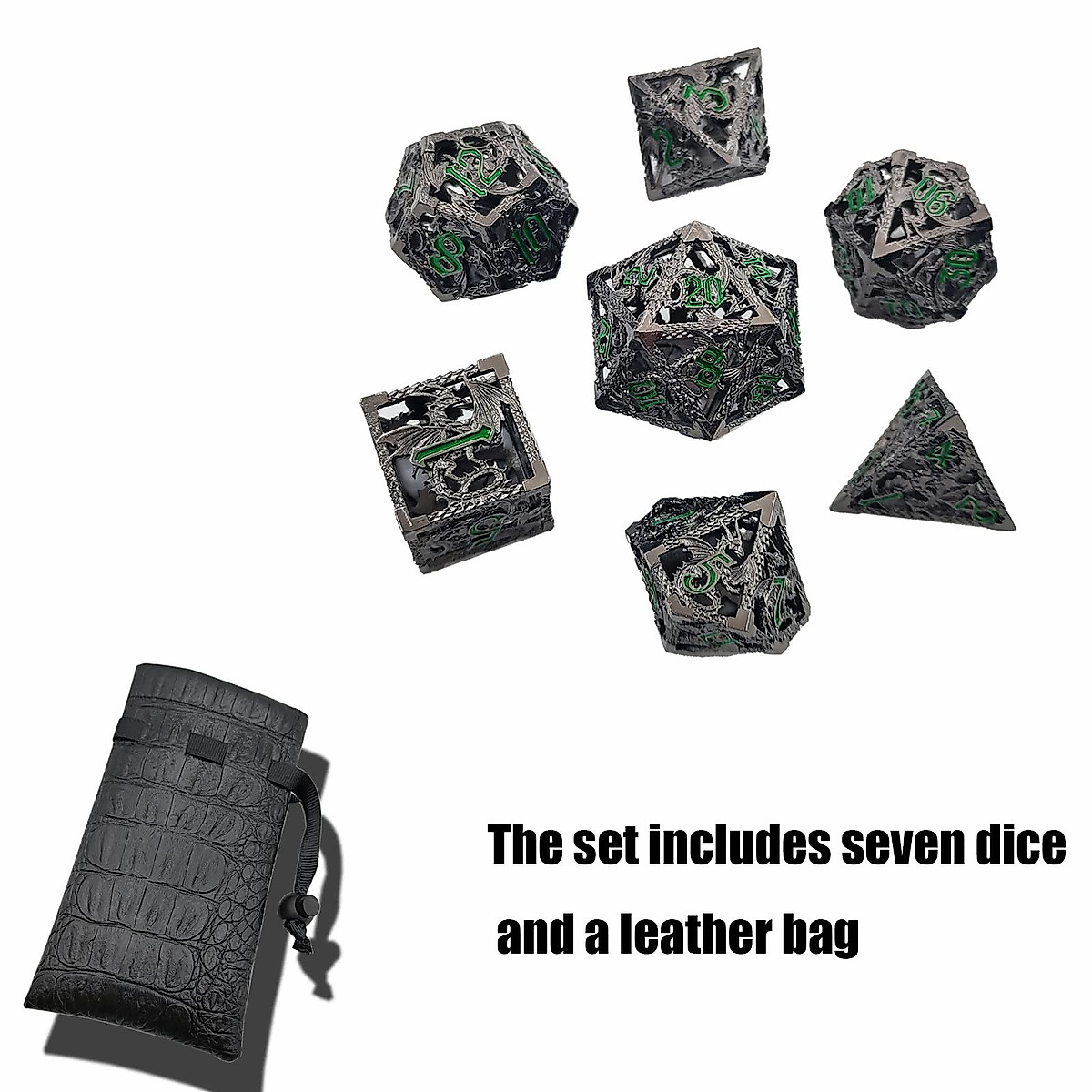 DND Dice Set Dungeons and Dragons Metal D&D Dice Polyhedral Dice Set RPG MTG Pathfinder Shadowrun Roleplaying Dice Games Gifts Accessories D N D Hollow Dice D20 D12 D10 D8 D6 D4, Black Nickel Green