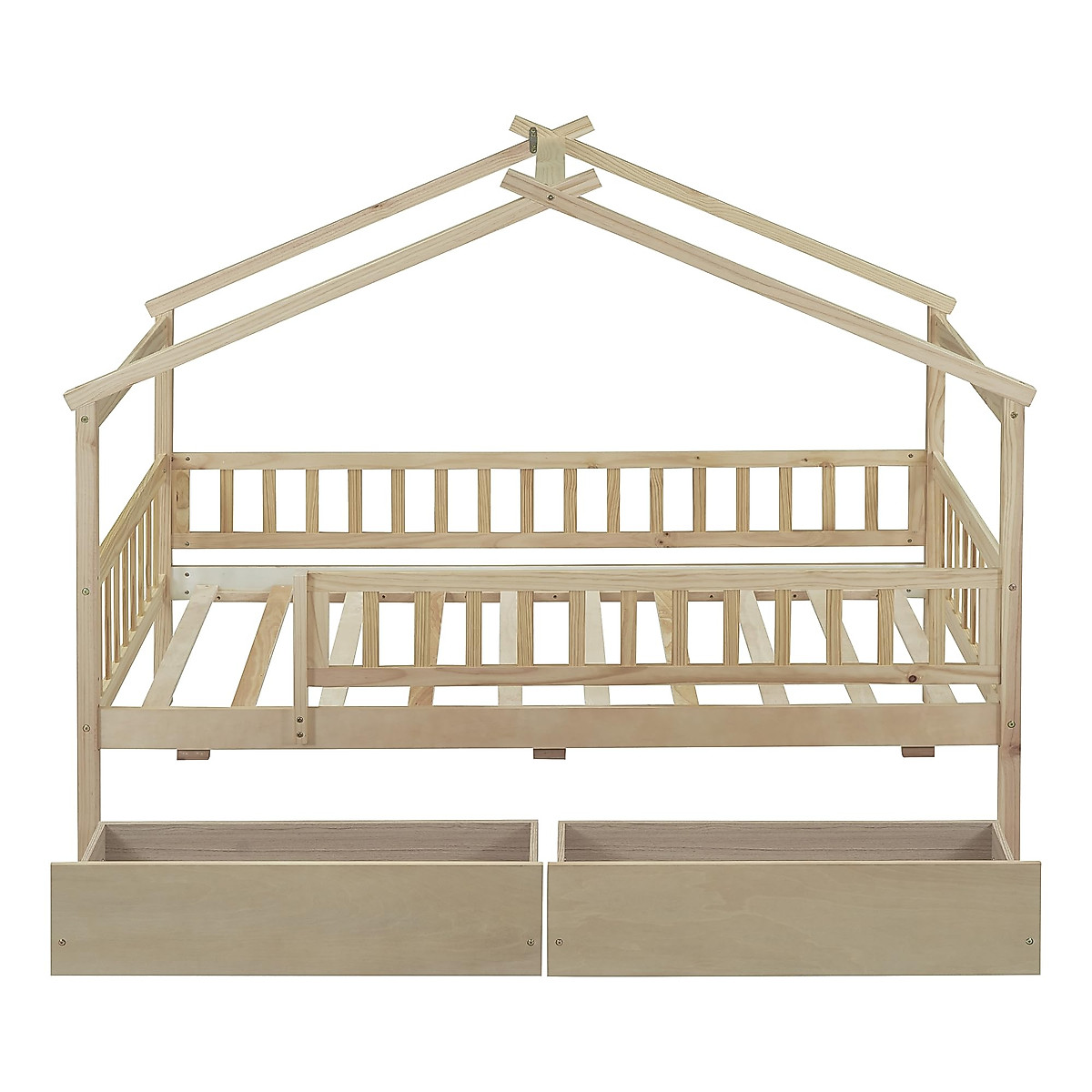 House Bed with Fence Storage, Twin Size Montessori Style Beds with Railings and 2 Drawers, Wooden Playhouse Bed Frame for Kids Girls Boys, Natural
