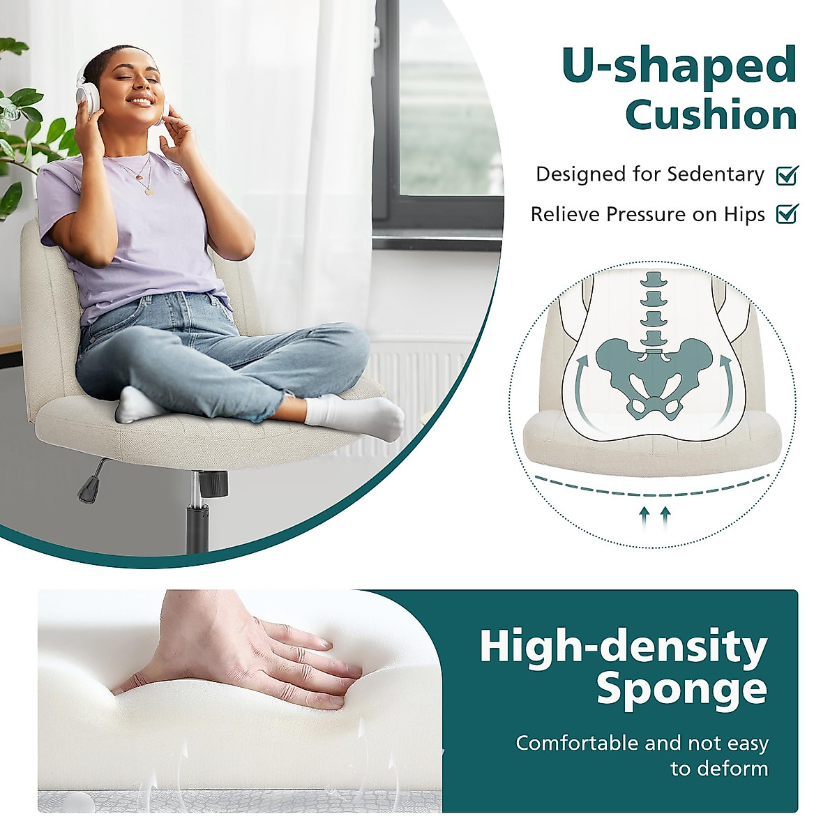 OLIXIS Criss Cross Chair with Wheels, Cross Legged Office Chair Wide Armless Desk Chair, Adjustable Swivel Comfy Home Office Vanity Desk Chair