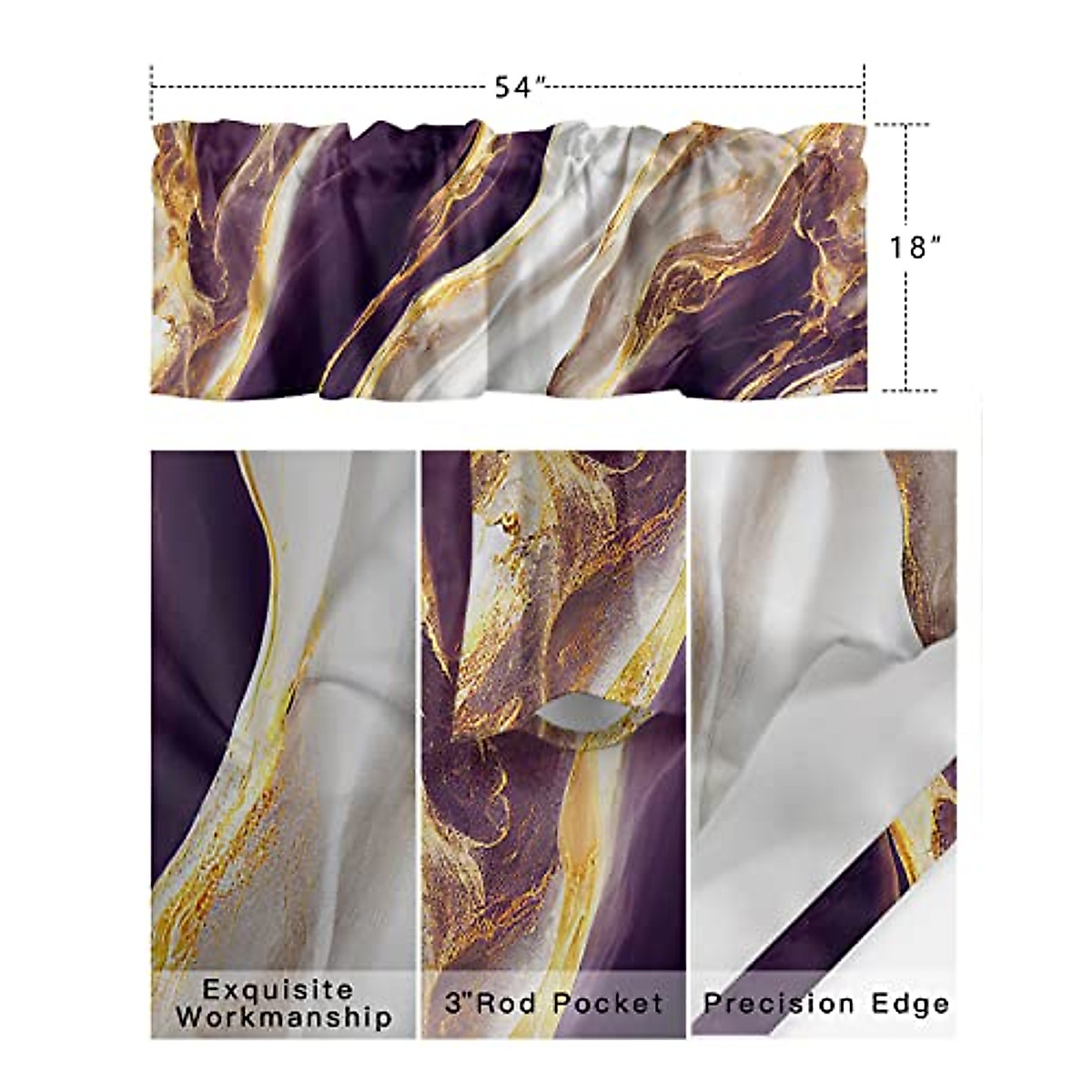 Window Curtain Valances for Kitchen Windows,Purple Gold White Marble Texture Rod Pocket Short Window Valance Natural Cracks Granite Stone Cafe Treatment Valance for Living Room/Bathroom/Bedroom