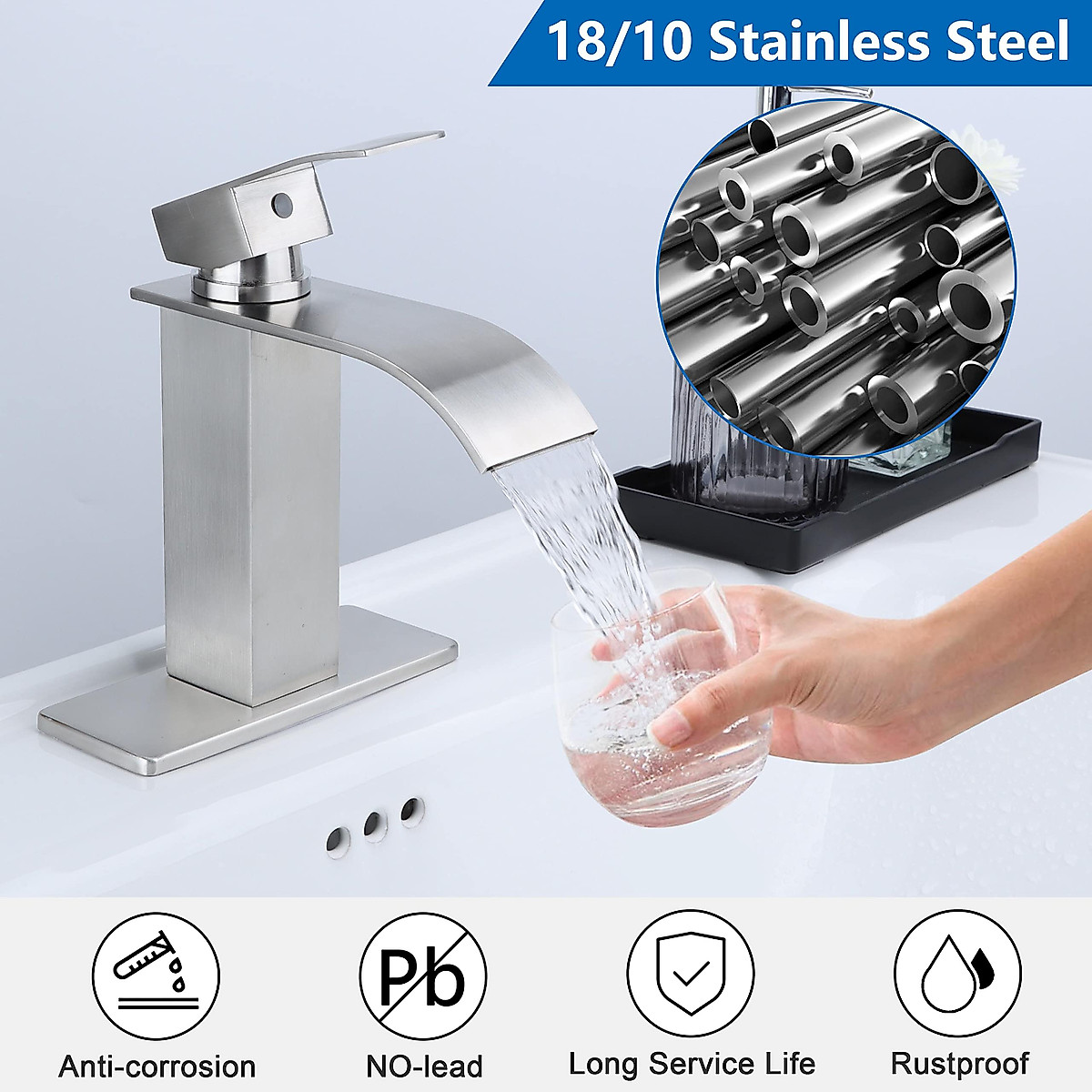 Homikit Waterfall Bathroom Sink Faucet with Pop Up Drain, Brushed Nickel Bathroom Faucets for Sink 1 or 3 Hole, 18/10 Stainless Steel Bath Vanity Faucet Single Handle, Farmhouse Faucets with Deck