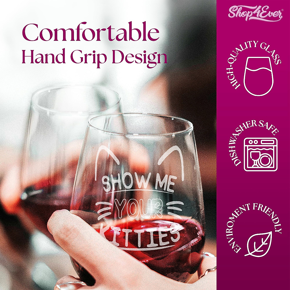 Show Me Your Kitties Laser Engraved Stemless Wine Glass 15 oz. Funny Gift for Cat Lovers