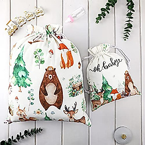 2 Pcs Woodland Animal Baby Shower Drawstring Bags Large Gift Bags 20/12 Inch Fabric Canvas Party Favor Bags Reusable Gift Wrap Bags for Woodland Baby Shower Gender Reveal Birthday Party