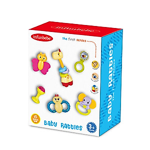 infunbebe Baby Rattles Teether Toy, Grab, Shaker & Spin Rattle, First Senses Shaking Bell Rattle Set for 3+ Months Infant, 6 Pcs