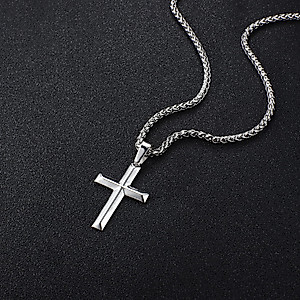 IRONBOX 925 Sterling Silver Cross Necklace for Men Women 3MM Stainless Steel Strong Durable Wheat Chain Beveled Edge Crucifix Pendant Necklace Jewelry 22 Inches