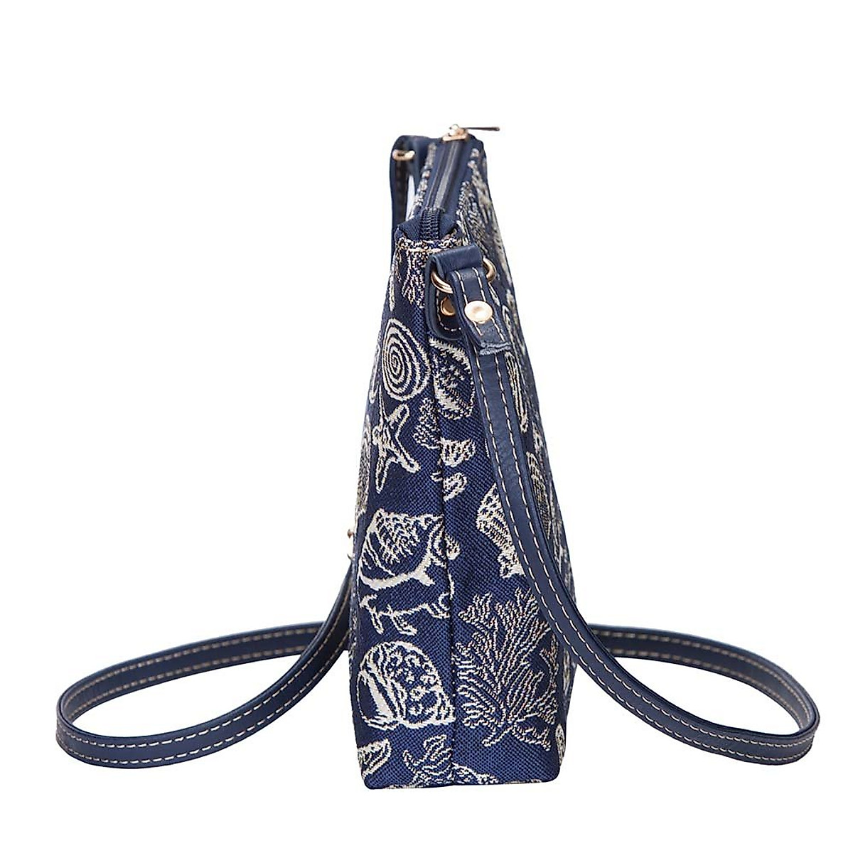Signare Tapestry Small Crossbody Bag Sling Bag for Women with Navy Blue Sea Shell Design (SLING-SHELL)