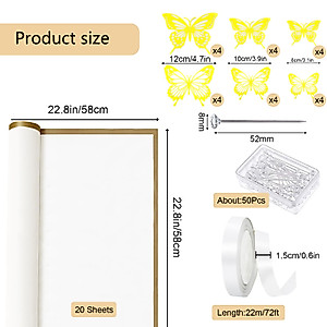Unarty 20 Sheets White Flower Wrapping Paper with Ribbon, 24Pcs Gold Butterfly Decorations, 50Pcs Flower Pins, Waterproof Bouquet Wrapping Paper with Gold Edge, White Flower Paper Wrap