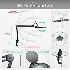 ESD Safe (Glass Lens) Professional LED Magnifying Lamp with Clamp (3 Diopter, 1.75X Magnification) Dimmable Work Light, Daylight Bright, 1200 Lumens 5600K-6000K, 60 SMD LEDs, BoliOptics MG16303222