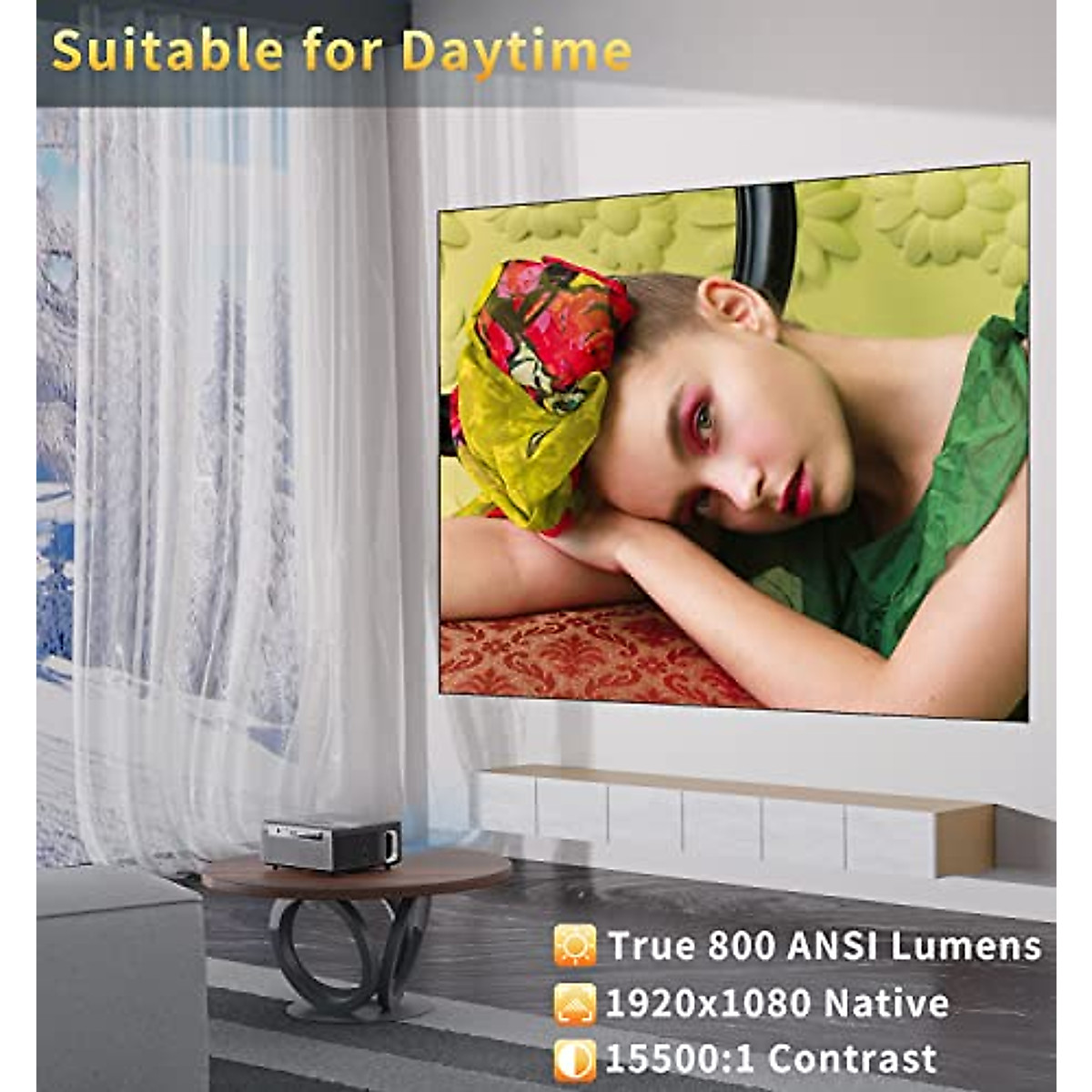 EUG 4K Projector for Daytime,WiFi Bluetooth Smart Outdoor Movie Projectors,12000 LM/800ANSI Native 1080P Video Projector 4K for Home Theater Office,40% Zoom,HDIM,RJ45,iPhone,Android,HDR10,Dolby