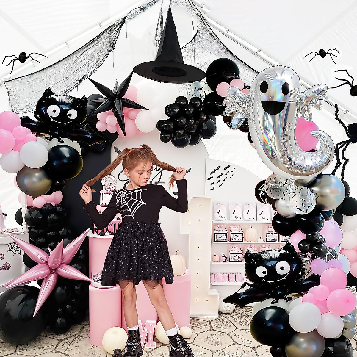 Pink Black Silver Halloween Balloon Garland Kit 130Pcs With Starburst Ghost balloon and wizard Hat for Girl baby shower Happy boo day spooky one Birthday Party Decoration