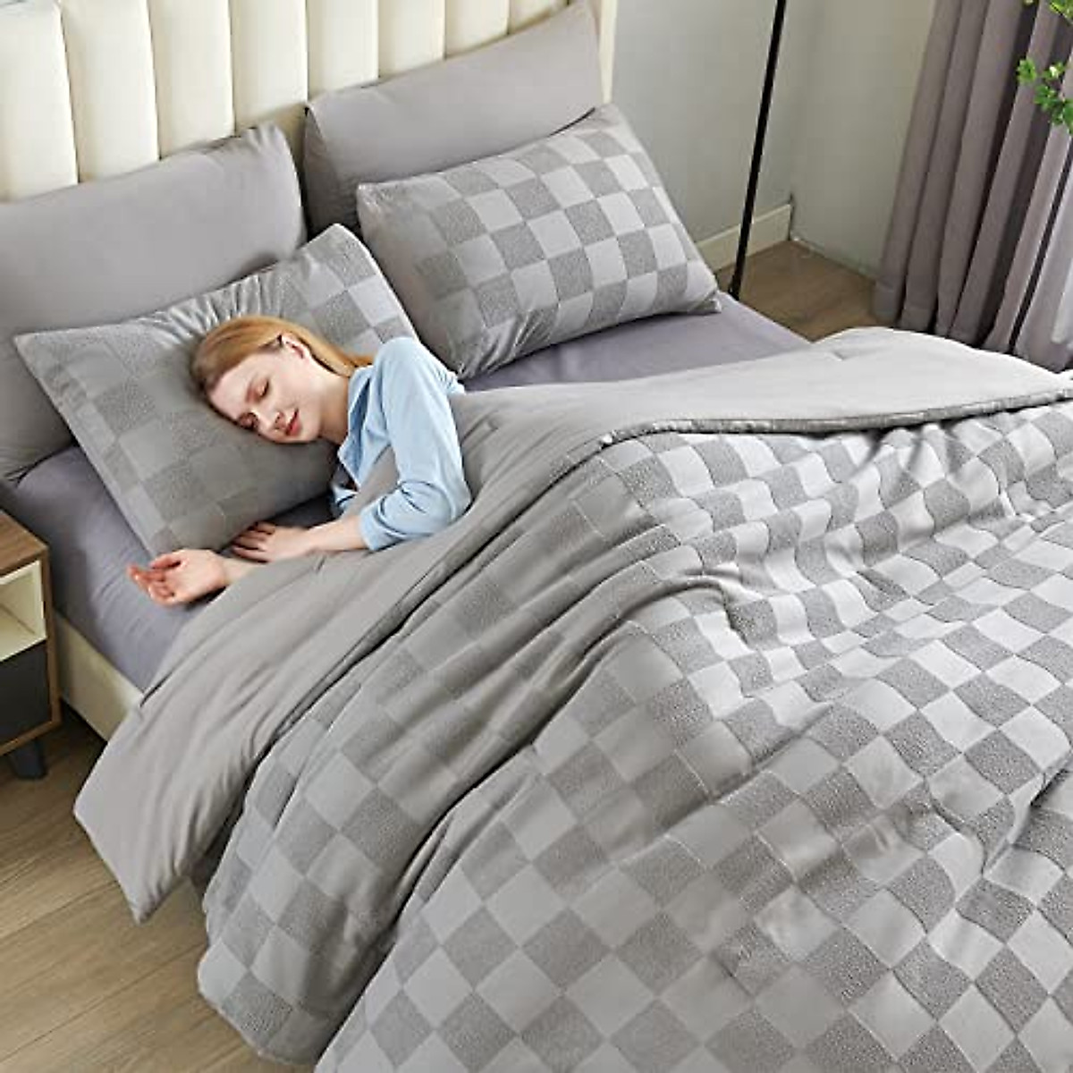 BESTCHIC 7 Piece Grid Bed in a Bag, Grey Plaid Comforter Set Queen Size, Embroidery Shabby Chic Tufted Comforters and Sheet, All Season Soft Microfiber Complete Bedding Sets (90x90 Inches)
