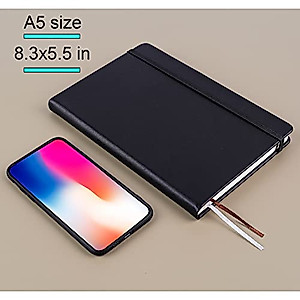 Vanpad Hardcover Lined Journal 8.3" x 5.5" Sturdy Classic A5 Writing Notebook Ruled Medium Smooth Note Book, Flat 100 gsm Thick Paper, No Bleed, Leather Cover, with Bookmarks and Inner Pockets, Black