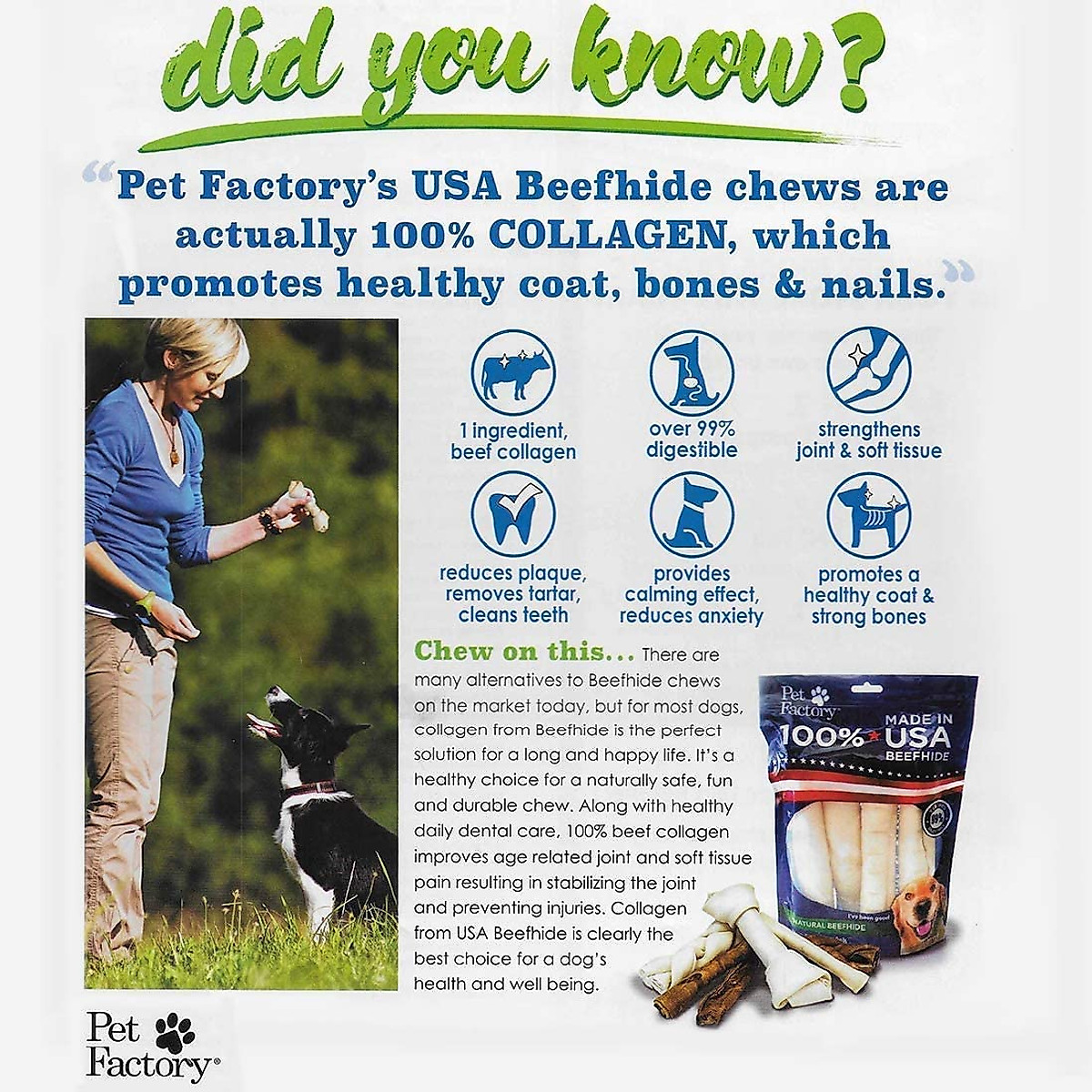 Pet Factory 100% Made in USA Beefhide Chips Dog Chew Treats - Natural Flavor, 8 oz