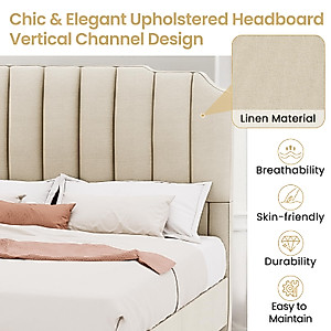 HALLYBEE 50.4" H Queen Bed Frame with Headboard Linen Fabric Platform Bed Frame Queen Size, Chic and Elegant Upholstered Bed Frame Queen, Bedframe No Box Spring Needed, Mattress Foundation, Beige