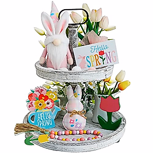 Spring Easter Decorations, 6PCS Easter Bunny Gnome Tiered Tray Decor, Plush Bunny, Easter Gnome Plush, Spring Wood Signs, Flower Bead Garland, Easter Farmhouse Kitchen Table Decor