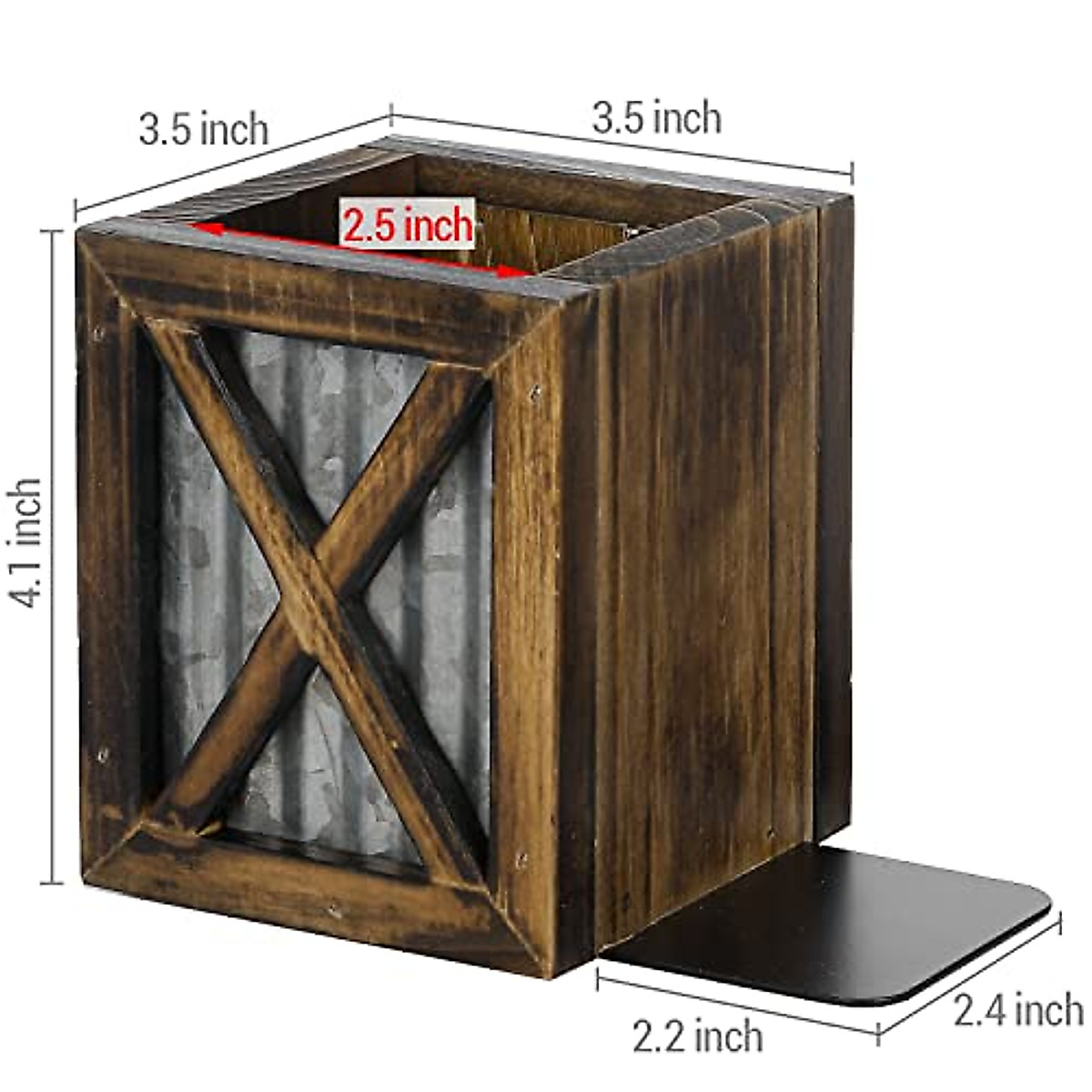 MyGift Rustic Burnt Wood Decorative Bookends, Wooden and Galvanized Metal Desktop Book Stands with Pen Holder Pencil Cup Stationery Storage Bins, 1 Pair