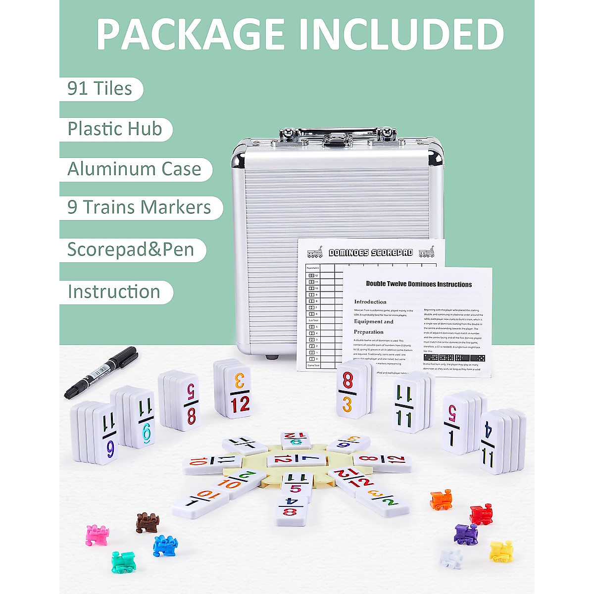 KAILE Mexican Train Dominoes Set with Numbers, 91 Tiles Double 12 Colored Dominoes Game Set with Aluminum Case for Families Kids 2-4 Players