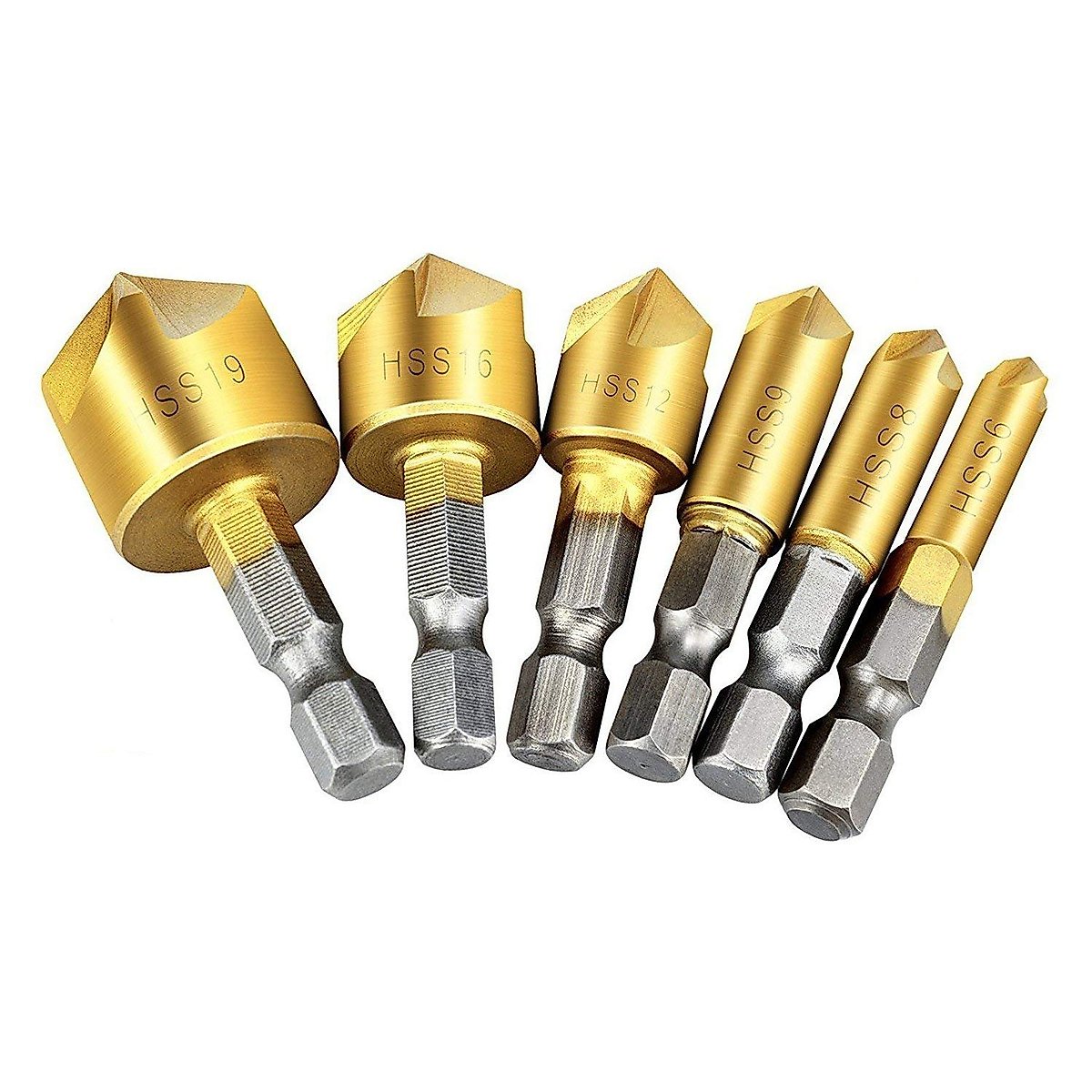 Countersink Drill Bit Set, Aplus HSS Countersink Drill Bit Set Hex Shank HSS Counterbore Reamer Countersink Chamfer Countersink Bit Set 6Pcs 5 Flute 90 ° Meter for Wood 1/4'' 6mm-19 mm