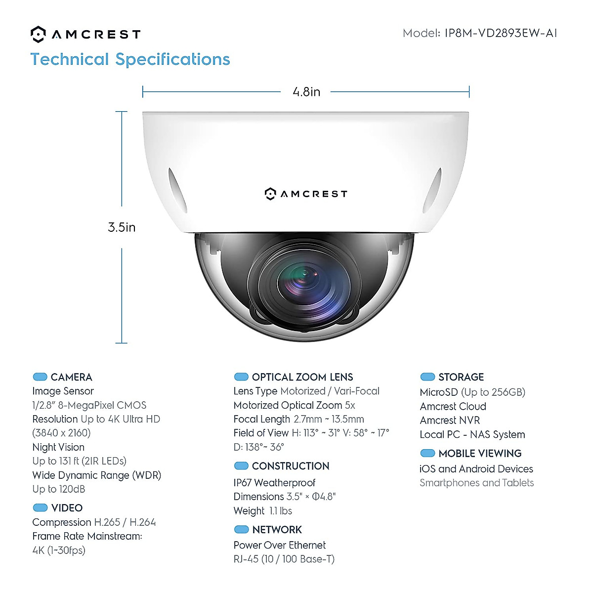 Amcrest 4K Optical Zoom AI POE Camera, Varifocal 8MP Outdoor POE IP Camera Dome, Face/Human/Vehicle Detection, 2.7mm~13.5mm Lens, IP67, 5X Optical Zoom, (IP8M-VD2893EW-AI)