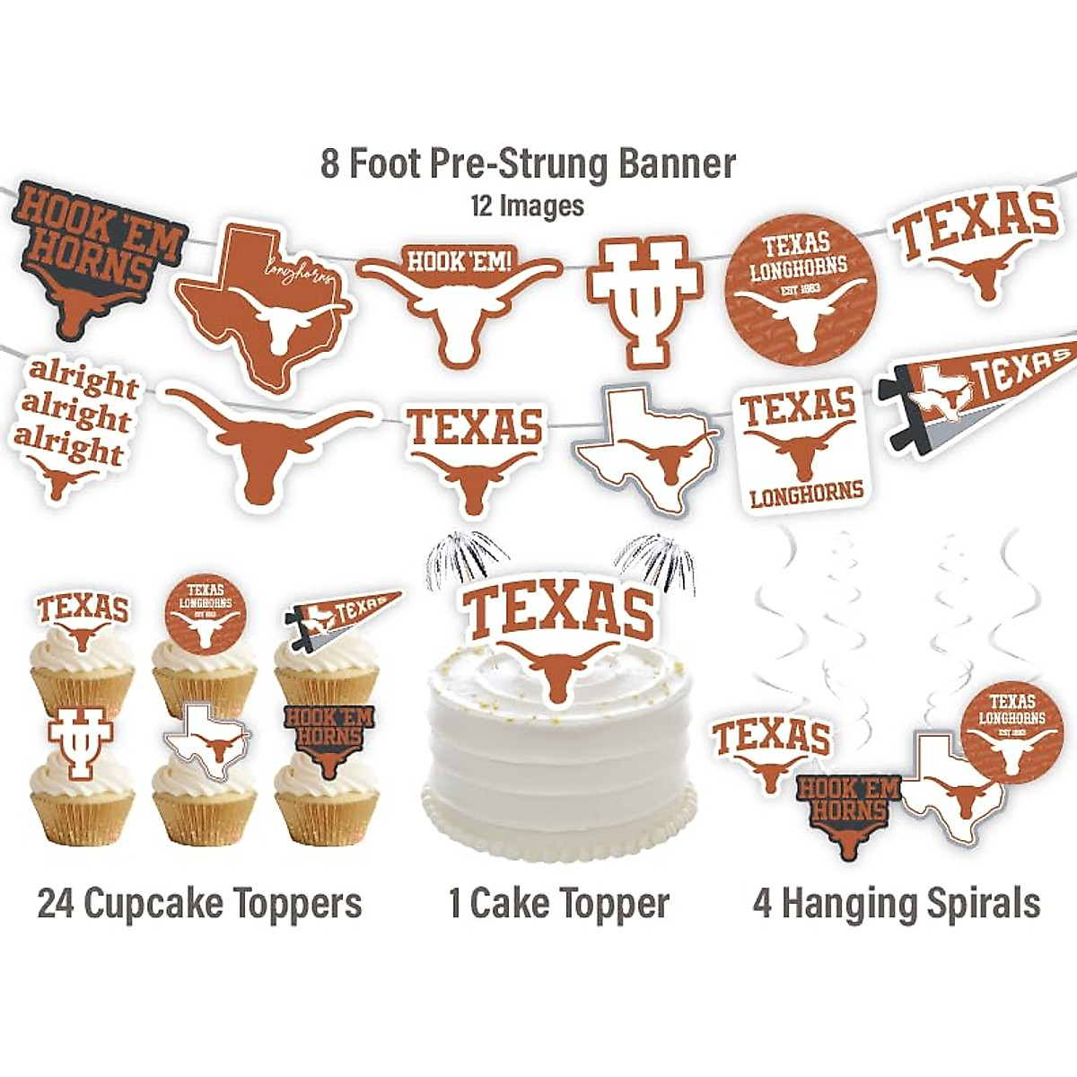 Texas Party Supplies (42 Pieces) for University of Texas Graduation, Tailgating and Birthday Party Decorations with Texas Longhorns Banner and UT Austin Cupcake Toppers Decorations (Texas Longhorns)