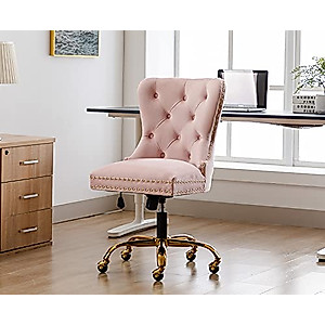 ZHENGHAO Velvet Vanity Chair with Gold Swivel Base, Upholstered Tufted Accent Office Desk Chair, Adjustable Armless Task Chair for Women Living Room Bedroom Makeup, Blush Pink