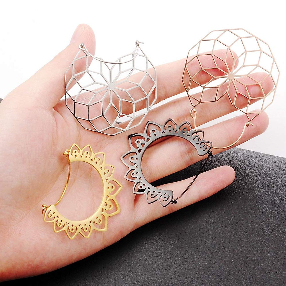 LADEMAYH Ear Hangers Black Lightweight Earrings for Ear Tunnels Gauges- Sunflower Design and Jagged Floral Stainless Steel Body Piercing Jewelry 2 Pairs Selling